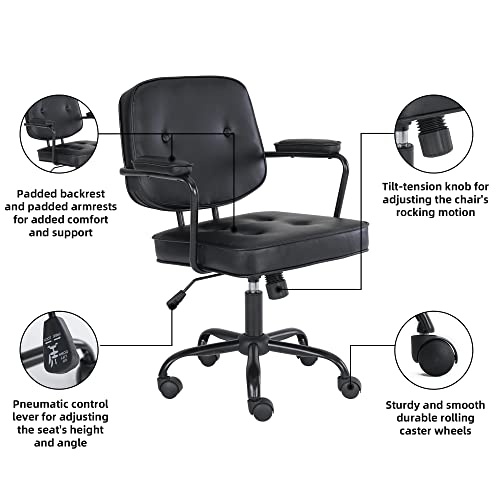 anjsindra Computer Chair Home Office Desk Chairs with Armrests Ergonomic Mid Back Adjustable Height PU Leather Swivel Rolling Task Chair,Black