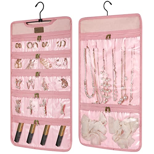 SMRITI Jewelry Travel Organizer, Foldable Hanging Jewelry Organizer with 360 Degree Rotating Hanger and 23 Clear Dust Proof Dual Zippered Pockets for Traveling, Closet, Suitcase (Pink)