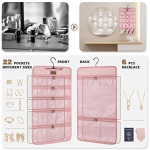 SMRITI Jewelry Travel Organizer, Foldable Hanging Jewelry Organizer with 360 Degree Rotating Hanger and 23 Clear Dust Proof Dual Zippered Pockets for Traveling, Closet, Suitcase (Pink)