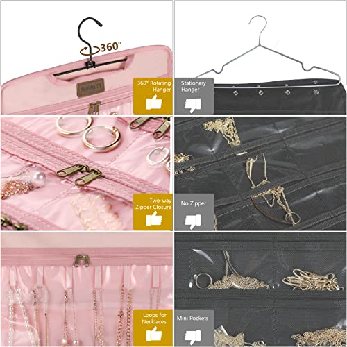 SMRITI Jewelry Travel Organizer, Foldable Hanging Jewelry Organizer with 360 Degree Rotating Hanger and 23 Clear Dust Proof Dual Zippered Pockets for Traveling, Closet, Suitcase (Pink)