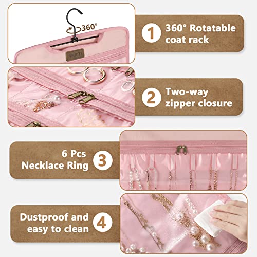 SMRITI Jewelry Travel Organizer, Foldable Hanging Jewelry Organizer with 360 Degree Rotating Hanger and 23 Clear Dust Proof Dual Zippered Pockets for Traveling, Closet, Suitcase (Pink)