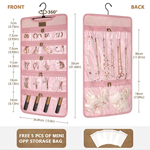 SMRITI Jewelry Travel Organizer, Foldable Hanging Jewelry Organizer with 360 Degree Rotating Hanger and 23 Clear Dust Proof Dual Zippered Pockets for Traveling, Closet, Suitcase (Pink)