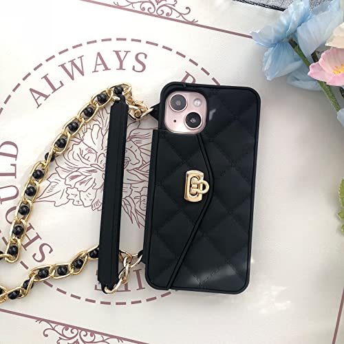 Jicekry Compatible with iPhone 14 Crossbody Wallet Case with Strap Card Holder Lanyard Neck Wrist Strap for Girls Women Cute Purse Handbag Case Luxury Fashion Girly Protective Phone Case Black