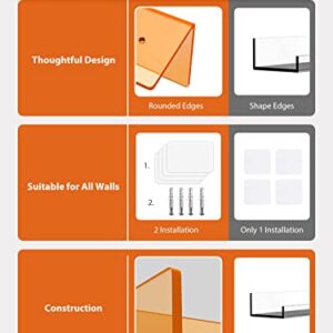 Weronique Floating Shelves Small Acrylic Shelf with 2 Installations Wall Mounted Thicker Display Shelves Set of 2 for Smart Speaker/Action Figures/Security Camera, with Cable Clips, Neon Orange