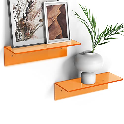 Weronique Floating Shelves Small Acrylic Shelf with 2 Installations Wall Mounted Thicker Display Shelves Set of 2 for Smart Speaker/Action Figures/Security Camera, with Cable Clips, Neon Orange