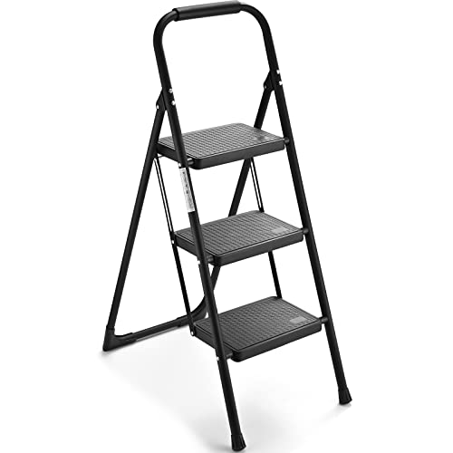 ALPURLAD Step Ladder 3 Stool Folding Stools for Adults with Handgrip & Anti-Slip Sturdy and Wide Pedal 330lbs Stepladder Multi-Use Household Office Foldable Stool, Black