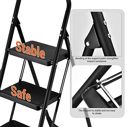 ALPURLAD Step Ladder 3 Stool Folding Stools for Adults with Handgrip & Anti-Slip Sturdy and Wide Pedal 330lbs Stepladder Multi-Use Household Office Foldable Stool, Black