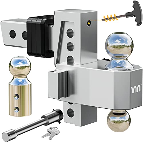 VNN Adjustable Drop Hitch, Tri-Ball(1-7/8'', 2'', 2-5/16'') Adjustable Hitch, Fits 2-Inch Receiver, 6 Inch Drop Hitch, 15000 LBS GTW-Truck Trailer Hitch, Heavy Duty Solid Ball Mount, Silver, VN0003