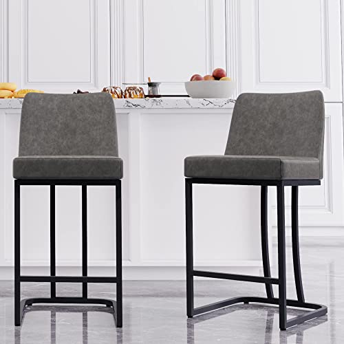 HERA'S PALACE 24” Faux Leather Bar Stools Set of 2, Modern Counter Height Barstools with Back, Armless Dining Chairs with Metal Legs, for Kitchen Island Counter, Dining, Pub, etc