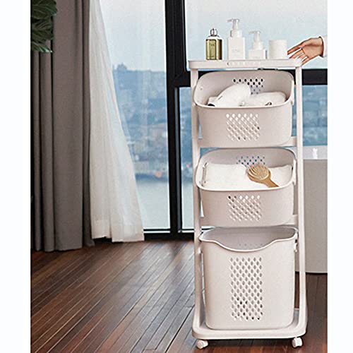 3 Tier Laundry Hamper Basket Plastic Rolling Laundry Cart with Wheels, Multipurpose Laundry Sorter Storage Trolley Shelf Basket, Beige