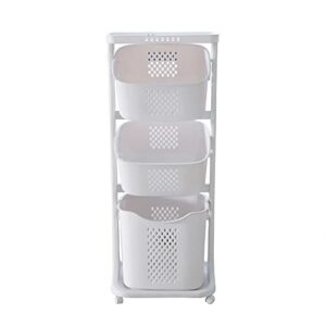 3 Tier Laundry Hamper Basket Plastic Rolling Laundry Cart with Wheels, Multipurpose Laundry Sorter Storage Trolley Shelf Basket, Beige