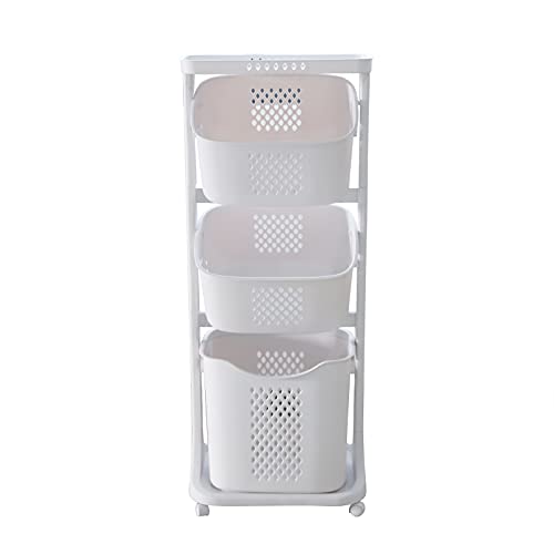 3 Tier Laundry Hamper Basket Plastic Rolling Laundry Cart with Wheels, Multipurpose Laundry Sorter Storage Trolley Shelf Basket, Beige