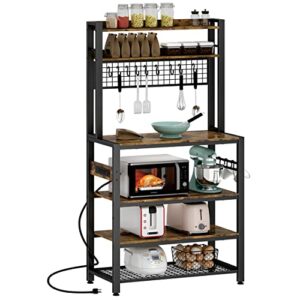 hhetogol carbon steel bakers racks for kitchens with storage, bakers rack with power outlet, coffee bar, kitchen storage rack with 10 s-hooks, kitchen shelves for spices, hpj01b