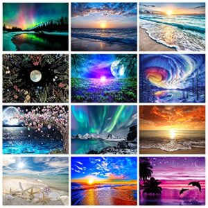 12 pack 5d diamond painting kits, crystal creations diamond art moon beach kits for adults beginners, full drill diy dimond painting picture, diamond dotz gem crafts for home wall decor 12x16 inch