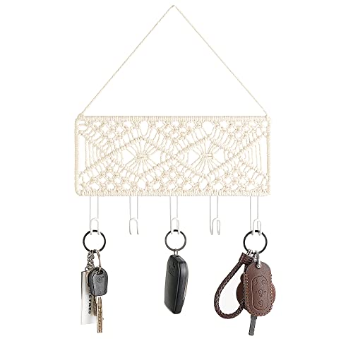 Mkono Key Holder for Wall Decorative Small Macrame Key Holder Boho Home Decor 5 Hooks Display Key Hanger for Entryway, Hallway, Bedroom, Living Room