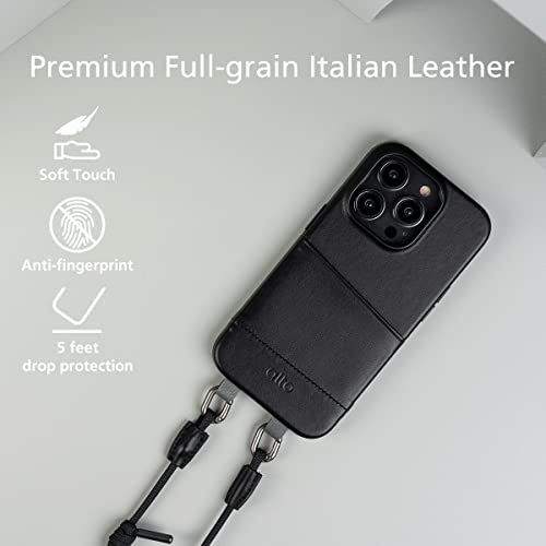 alto Crossbody Leather Case Designed for iPhone 14 Pro, Anello Series Drop Protective Italian Leather Card Wallet Case with Detachable Lanyard Strap (6.1 inch, iPhone 14 Pro, Black)