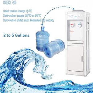 Water Cooler Dispenser 3-5 Gallon Bottles,Top Loading Hot & Cold Water Dispenser, Child Safety Lock Water Cooler for Indoor Home Office Use with Storage Cabinet, White