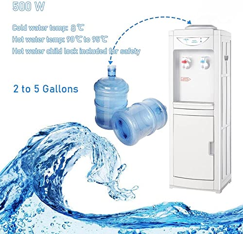 Water Cooler Dispenser 3-5 Gallon Bottles,Top Loading Hot & Cold Water Dispenser, Child Safety Lock Water Cooler for Indoor Home Office Use with Storage Cabinet, White