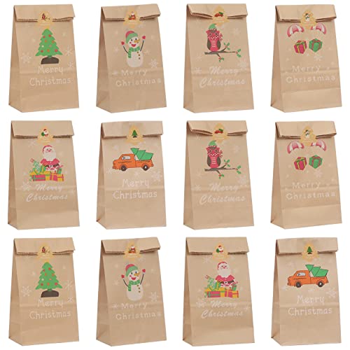 Skycase 12 Pcs Christmas Paper Bags, Party Gift Candy Treat Bag 6 Patterns with 12 Pcs Christmas Label Stickers for Outdoor Indoor Home, School, Office Xmas Party