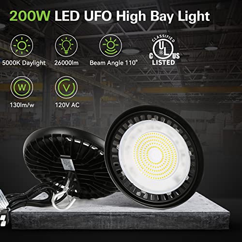 hykolity LED High Bay Light 200W, 5000K 26,000lm UFO LED High Bay Light Fixture, [450W MH/HPS Equiv.] 120V, IP65 Commercial Warehouse Area Light for Wet Location, 2 Pack