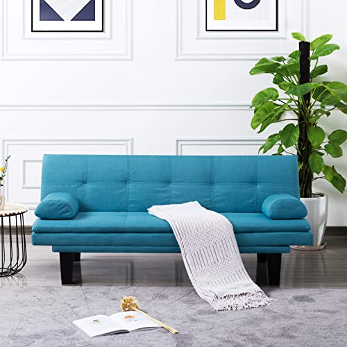 5-Angle Adjustable Futon Sofa Bed Convertible Sofa Recliner Sofa with 2 Armrest Pillows, Sleeper Sofa Modern Polyester Fabric Loveseat Sofa Folding Couch for Small Space (Blue)