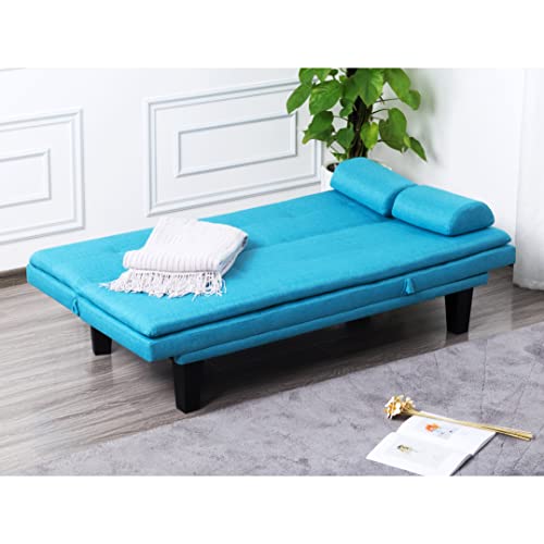 5-Angle Adjustable Futon Sofa Bed Convertible Sofa Recliner Sofa with 2 Armrest Pillows, Sleeper Sofa Modern Polyester Fabric Loveseat Sofa Folding Couch for Small Space (Blue)