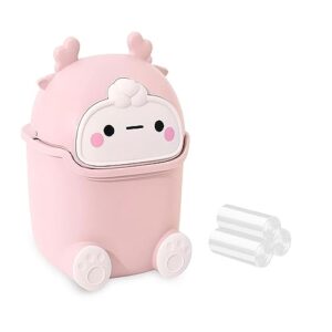 shaidojio cute desktop trash can, creative mini garbage can with 90pcs trash bags, small desktop plastic waste basket with flip lid for bathrooms, kitchens, offices, dressing table (pink)