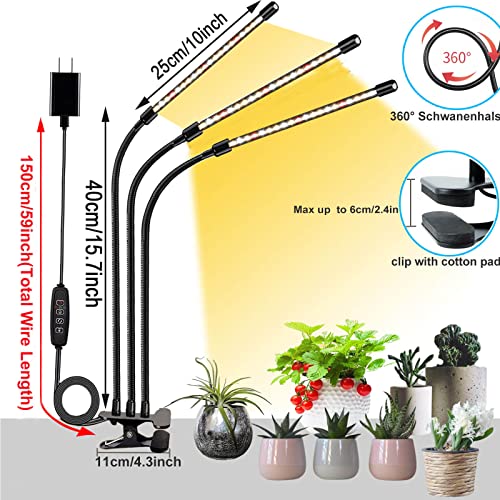 FRGROW Grow Lights for Indoor Plants, LED Plant Grow Lights, 3000k/5000k/660nm Full Spectrum Plant Growing Lamps, Clip on Plant Lamp with White Red LEDs, Timer Setting, 10-Level Dimmable(3-Head)