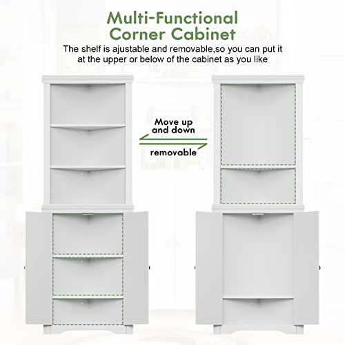 YESHOMY Corner Cabinet Shelves, Side Free Standing Storage Organizer with Large Space and Two Doors, Home Furniture for Multifunction in Living Room, Bathroom, Hallway, Kitchen, Bedroom, White