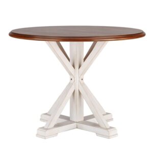 MAKLAINE Transitional Farmhouse Round Dining Table in Brown and White