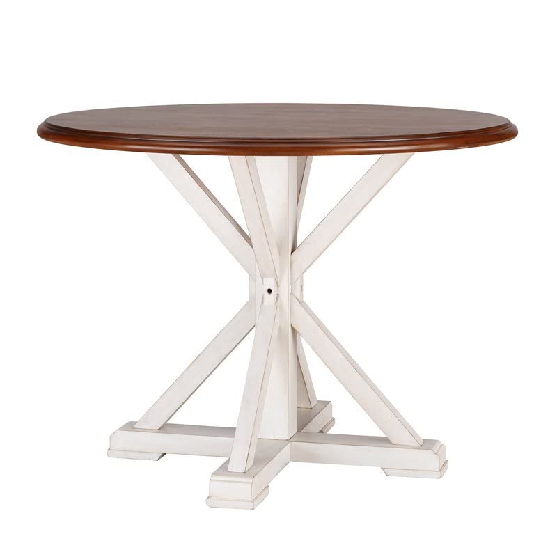 MAKLAINE Transitional Farmhouse Round Dining Table in Brown and White