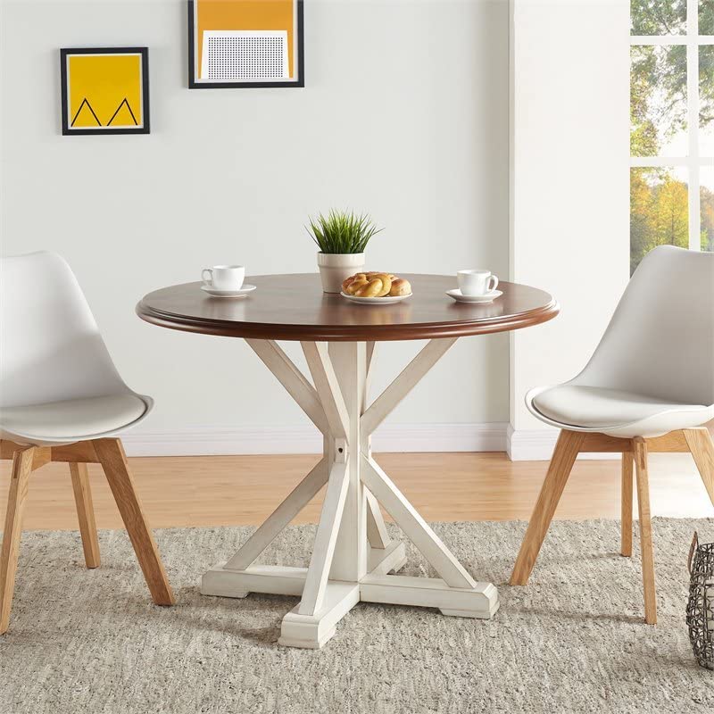 MAKLAINE Transitional Farmhouse Round Dining Table in Brown and White