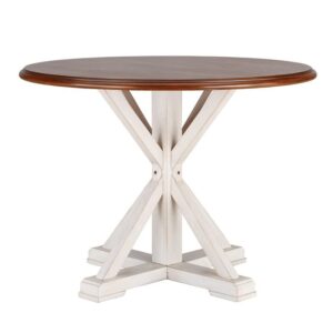 MAKLAINE Transitional Farmhouse Round Dining Table in Brown and White