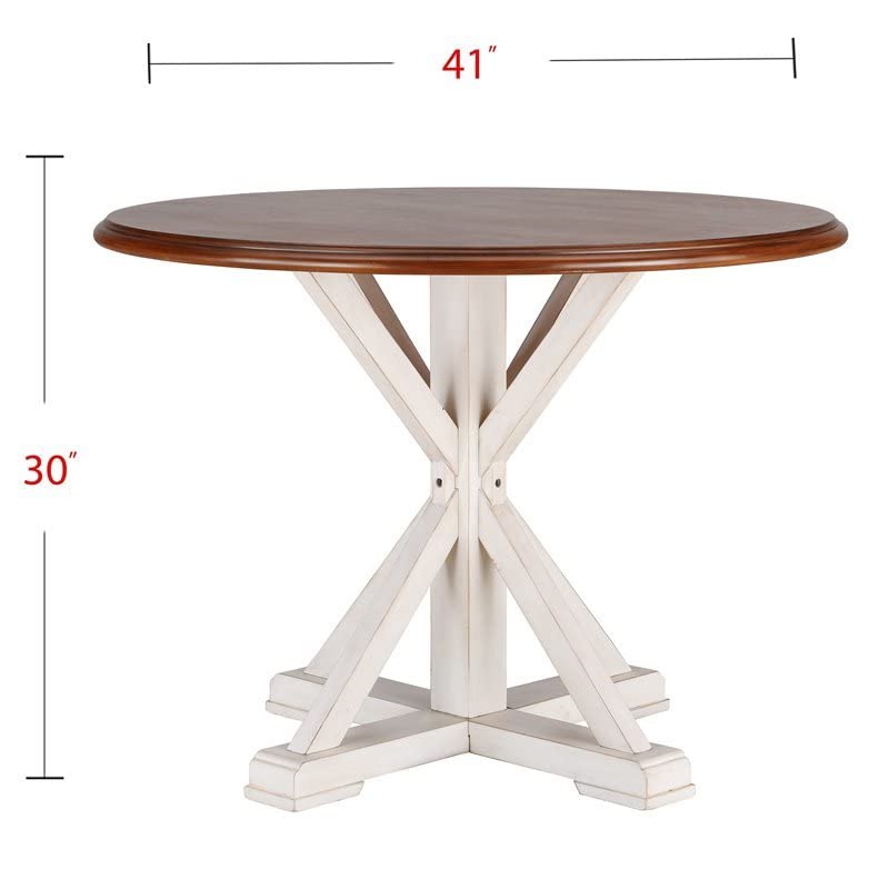 MAKLAINE Transitional Farmhouse Round Dining Table in Brown and White