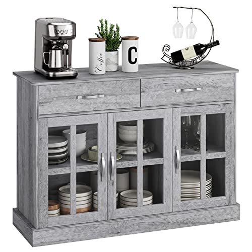 FOTOSOK Sideboard Buffet Cabinet with Glass Doors, Buffet Sideboard Kitchen Sideboard Cabinet Buffet Table with 2 Storage Drawers & Shelves for Dining Living Room, Gray Oak