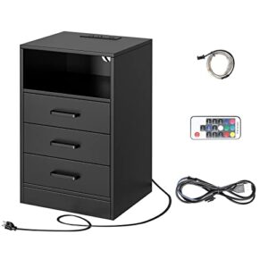 FOTOSOK Nightstand with Charging Station and LED Lights, Black Nightstand for Bedroom with USB Ports & Power Outlets, Wooden End Side Table with 3 Drawers and Open Storage, Black