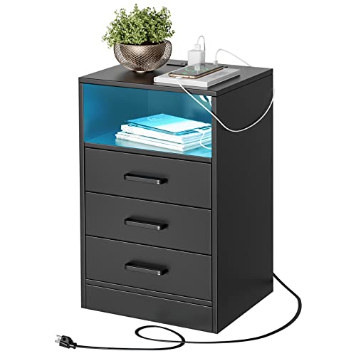 FOTOSOK Nightstand with Charging Station and LED Lights, Black Nightstand for Bedroom with USB Ports & Power Outlets, Wooden End Side Table with 3 Drawers and Open Storage, Black