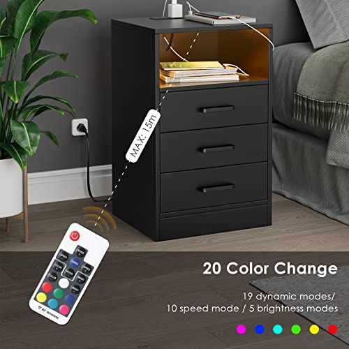 FOTOSOK Nightstand with Charging Station and LED Lights, Black Nightstand for Bedroom with USB Ports & Power Outlets, Wooden End Side Table with 3 Drawers and Open Storage, Black