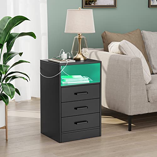 FOTOSOK Nightstand with Charging Station and LED Lights, Black Nightstand for Bedroom with USB Ports & Power Outlets, Wooden End Side Table with 3 Drawers and Open Storage, Black