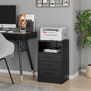 FOTOSOK Nightstand with Charging Station and LED Lights, Black Nightstand for Bedroom with USB Ports & Power Outlets, Wooden End Side Table with 3 Drawers and Open Storage, Black