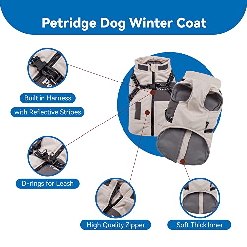 Petridge Dog Clothes with Harness Warm Winter Coat Cold Weather Coats for Puppy Small Medium Dogs (Beige L)