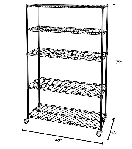 Seville Classics UltraDurable Heavy Duty NSF Solid Steel Wire Rack Storage Unit, Organizer for Garage, Warehouse, Office, Restaurant, Classroom, Kitchen, Black, 5-Tier Shelving, 48" W x 18" D