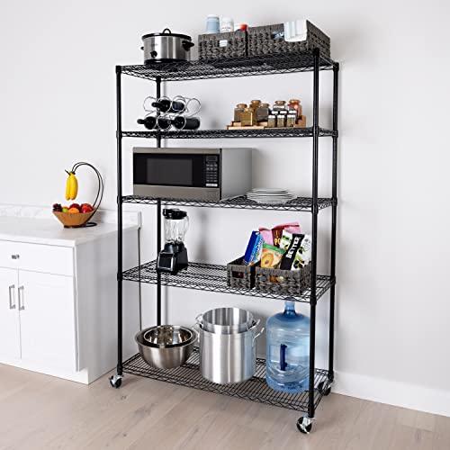 Seville Classics UltraDurable Heavy Duty NSF Solid Steel Wire Rack Storage Unit, Organizer for Garage, Warehouse, Office, Restaurant, Classroom, Kitchen, Black, 5-Tier Shelving, 48" W x 18" D