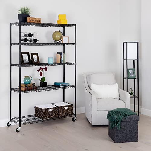 Seville Classics UltraDurable Heavy Duty NSF Solid Steel Wire Rack Storage Unit, Organizer for Garage, Warehouse, Office, Restaurant, Classroom, Kitchen, Black, 5-Tier Shelving, 48" W x 18" D