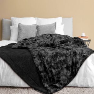 pavilia faux fur king bed blanket tie-dye black, soft fuzzy warm sherpa blanket for bed, fluffy plush thick fleece throw blanket for couch sofa, reversible furry shaggy large blanket, black 90x108