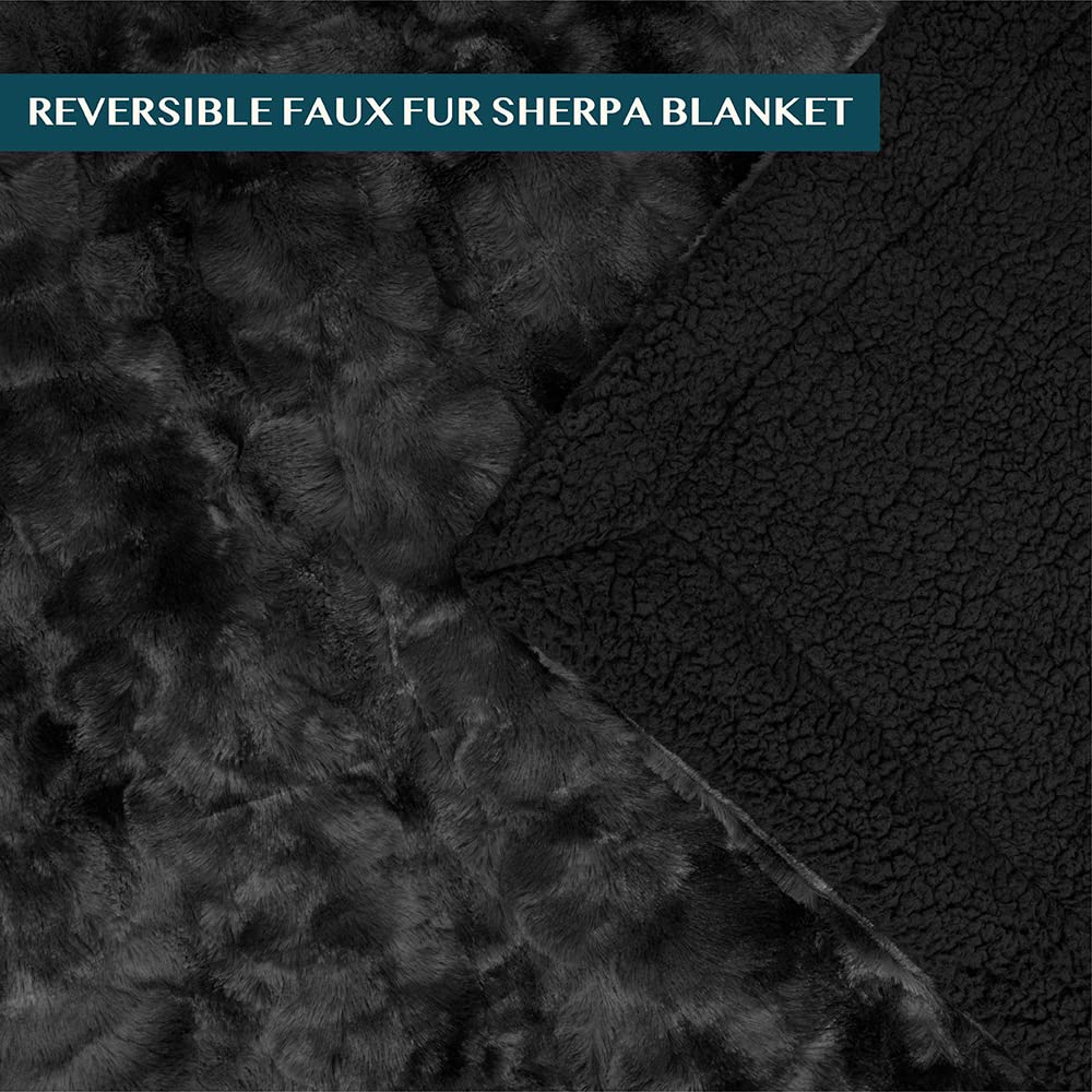 PAVILIA Faux Fur King Bed Blanket Tie-Dye Black, Soft Fuzzy Warm Sherpa Blanket for Bed, Fluffy Plush Thick Fleece Throw Blanket for Couch Sofa, Reversible Furry Shaggy Large Blanket, Black 90x108