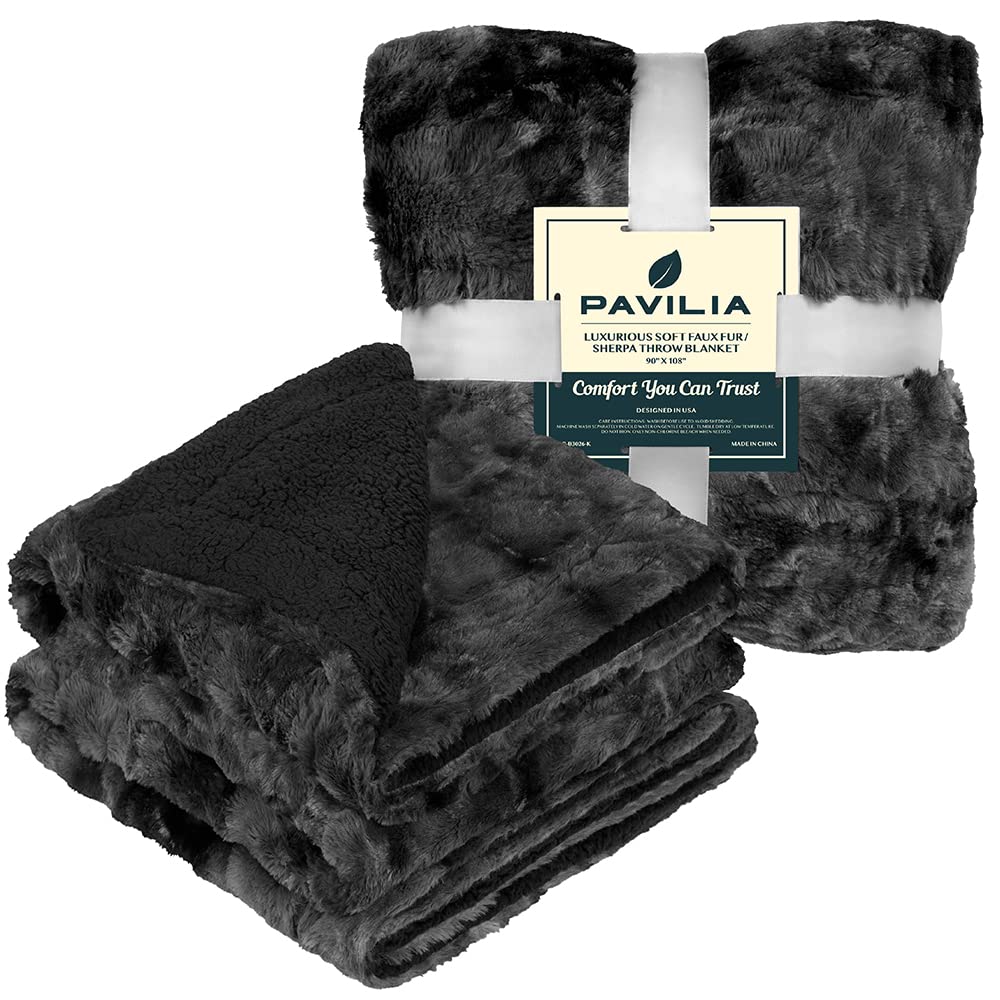 PAVILIA Faux Fur King Bed Blanket Tie-Dye Black, Soft Fuzzy Warm Sherpa Blanket for Bed, Fluffy Plush Thick Fleece Throw Blanket for Couch Sofa, Reversible Furry Shaggy Large Blanket, Black 90x108