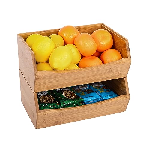 Seville Classics Bamboo Premium Organizer Storage Bins for Kitchen Silverware, Pantry, Closet, Office Desk, Pens, Utensils, Makeup, K Cup, Bamboo, Stackable Bin Set (2 Piece)