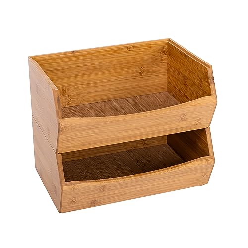 Seville Classics Bamboo Premium Organizer Storage Bins for Kitchen Silverware, Pantry, Closet, Office Desk, Pens, Utensils, Makeup, K Cup, Bamboo, Stackable Bin Set (2 Piece)