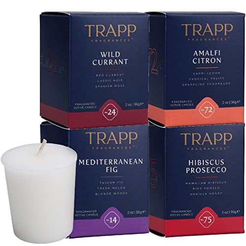 Trapp 2oz Votive Scented Candle Fresh Fruit Bouquet Variety, Set of 4 - Includes No. 14 Mediterranean Fig, No. 24 Wild Currant, No. 75 Hibiscus Prosecco, and No. 72 Amalfi Citron